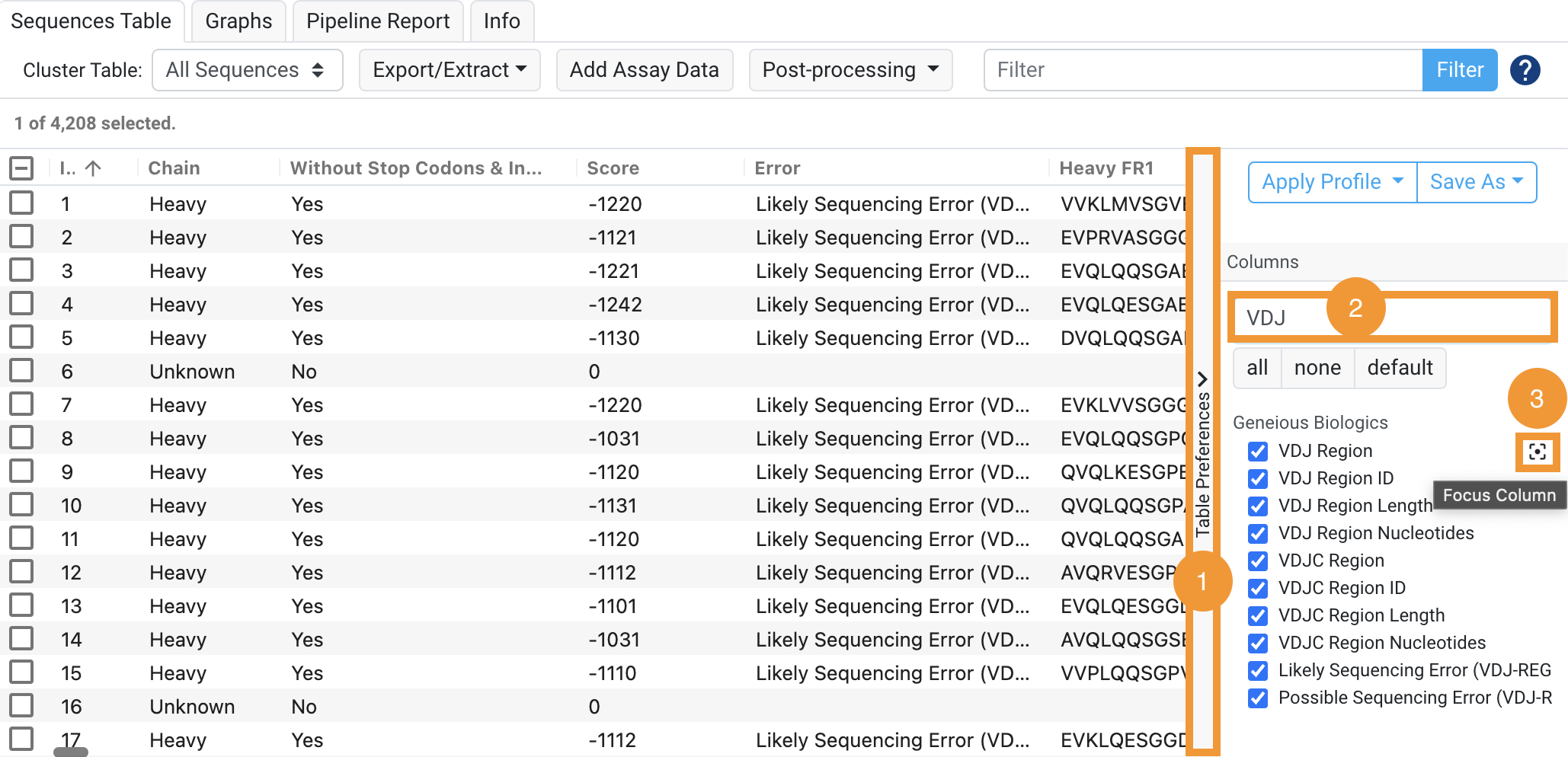 Antibody Annotator: All Sequences Table Columns – Geneious Biologics Support